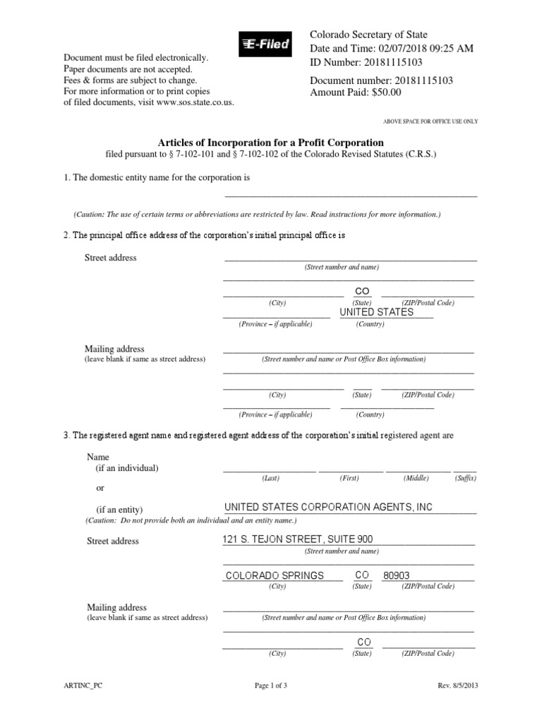 Filing of Articles of Incorporation for a New Colorado Profit ...