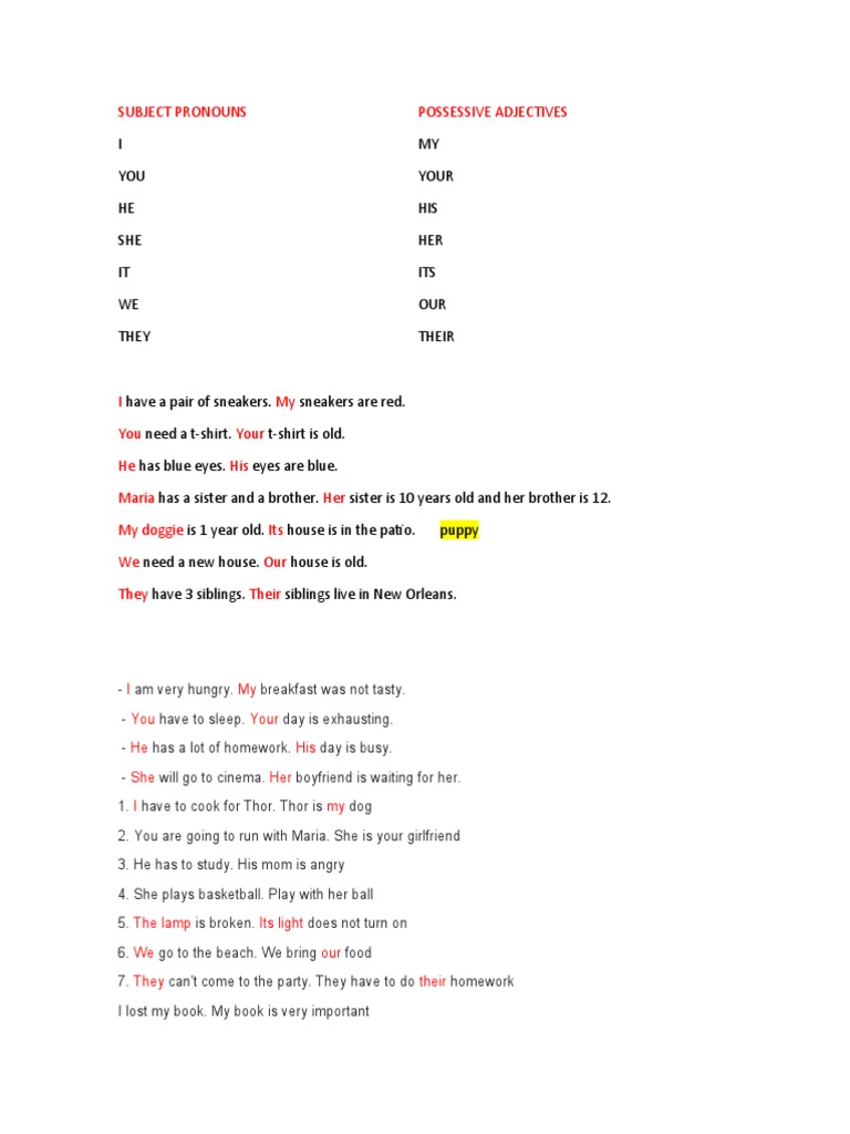 Subject Pronouns Possessive Adjectives: I My You Your He His She Her I ...