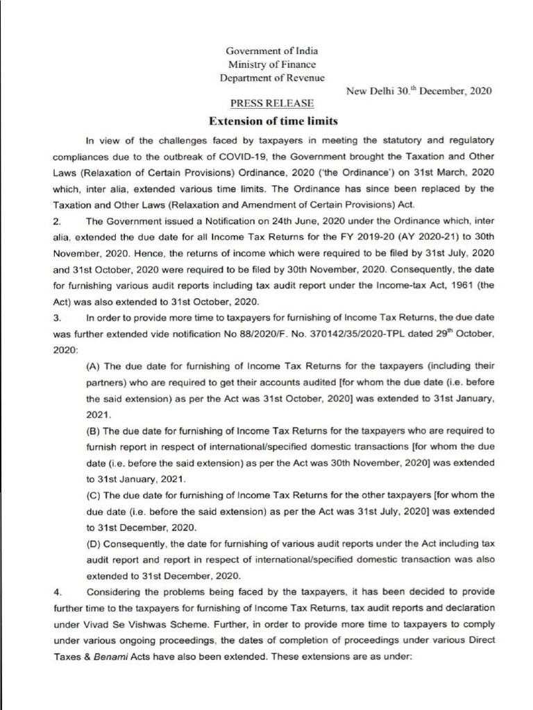Press Release Extension of Time Limits - 30 12 2020 | Download Free PDF ...