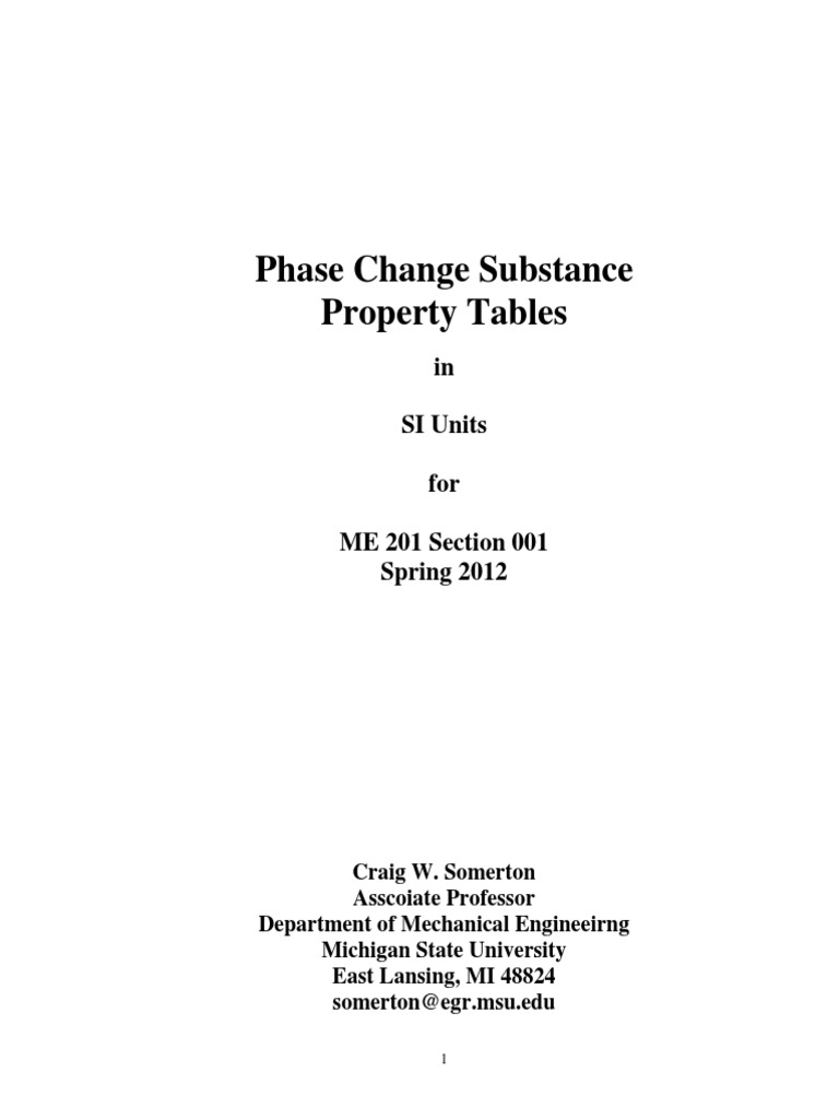 Phase Change Substance Property Tables: in SI Units For ME 201 Section ...