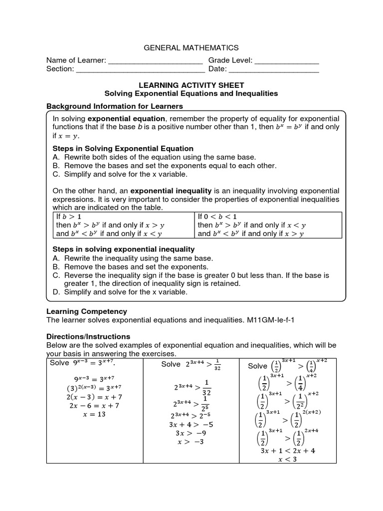 Learning Activity Sheet Solving Exponential Equations and Inequalities ...