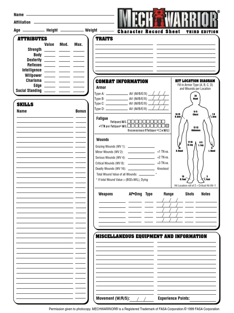 MechWarrior 3rd Edition (Character Sheet) | PDF | Role Playing ...