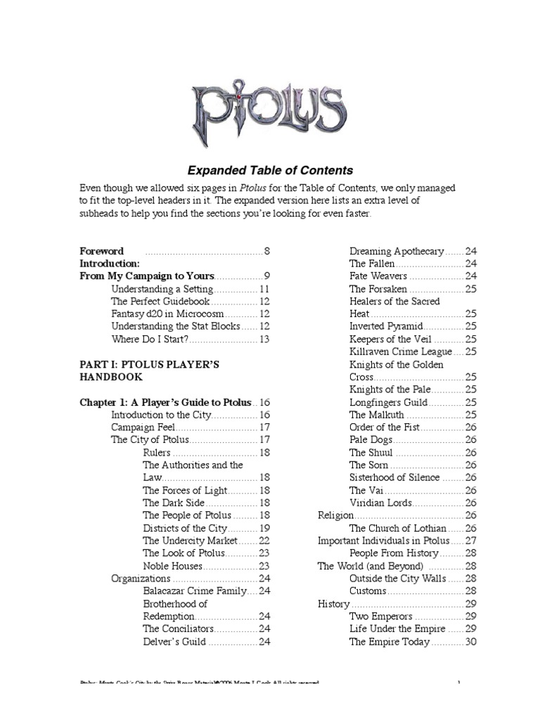 Ptolus Expanded Table of Contents | PDF | Elf (Dungeons & Dragons)