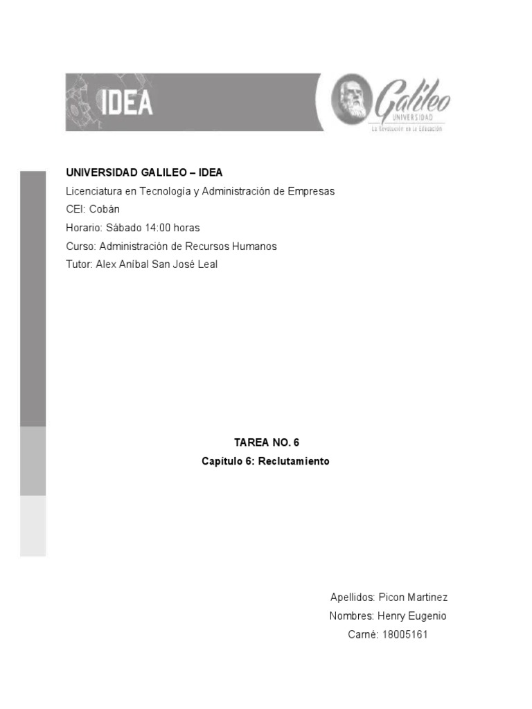 Tarea No. 6 Administración de Recursos Humanos | PDF | Reclutamiento ...