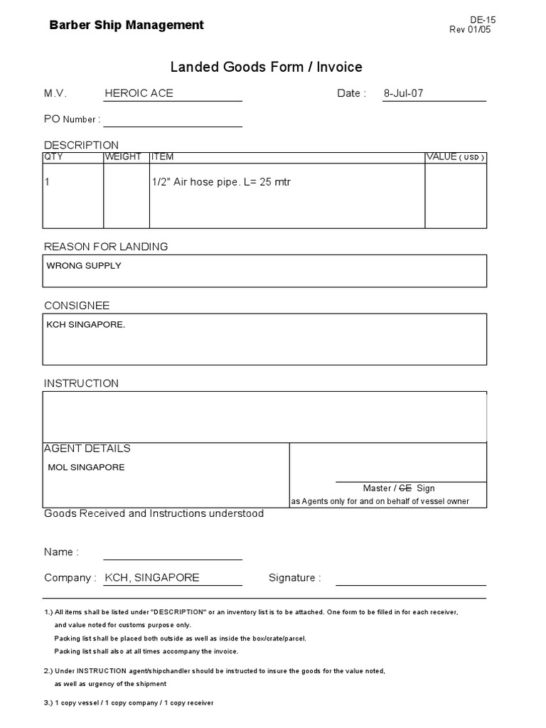 Landed Goods Form / Invoice: Barber Ship Management | PDF