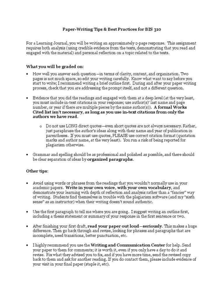 Paper-Writing Tips & Best Practices For BIS 310 | PDF | Citation ...