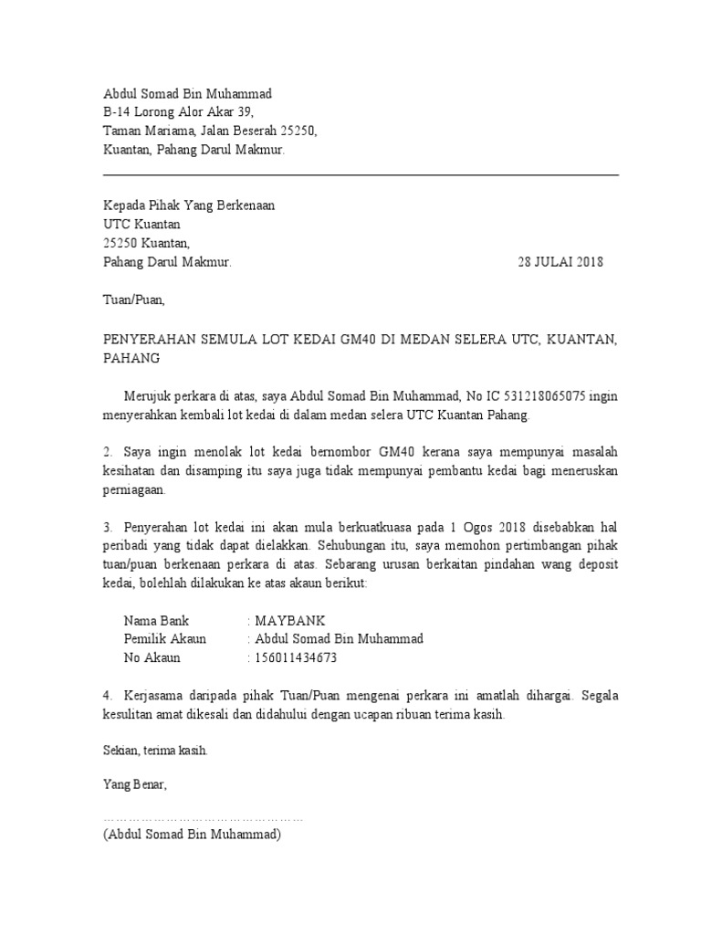 Contoh Surat Rasmi Tolak Kedai | PDF