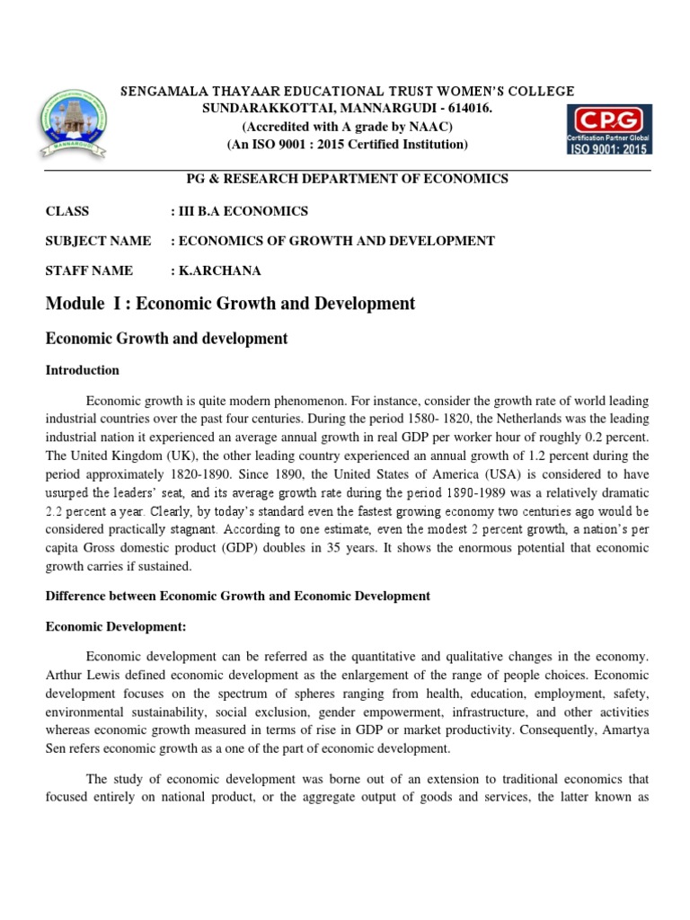 Economics of Growth and Development, III B.A Economics | PDF ...