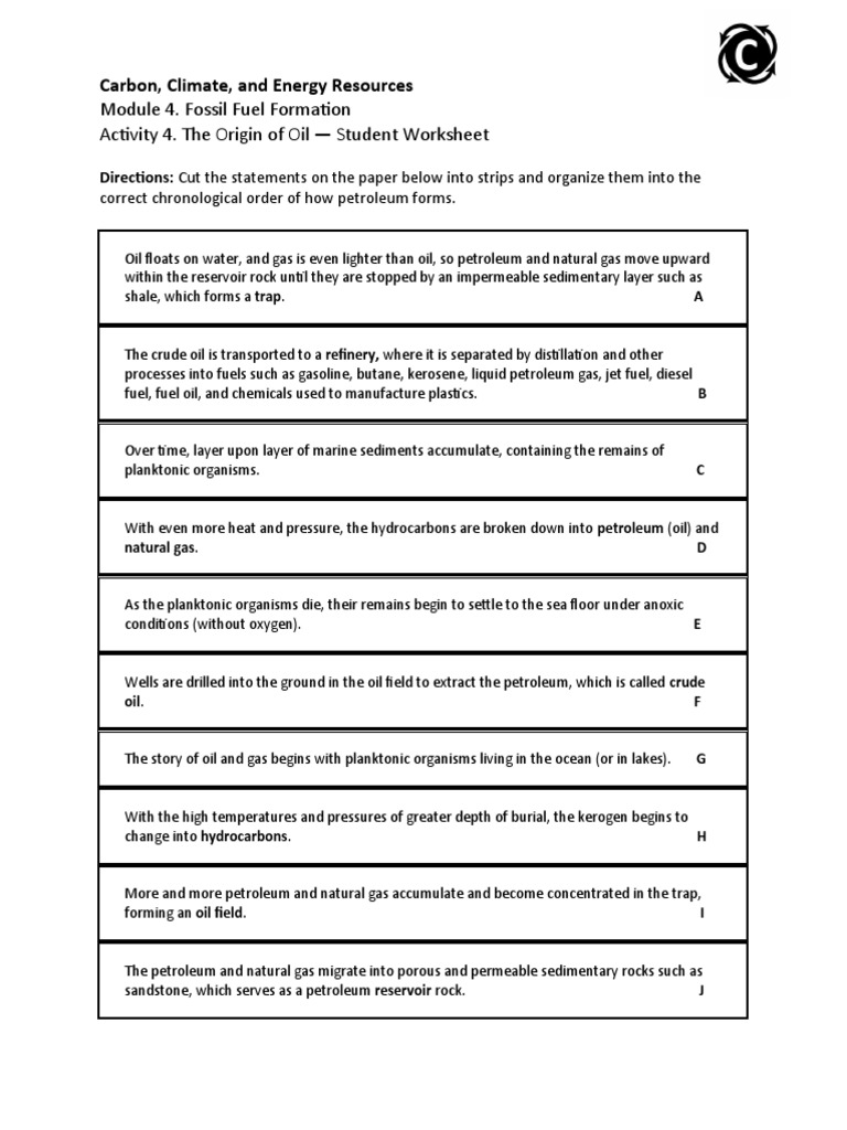 Module 4. Fossil Fuel Formation Activity 4. The Origin of Oil - Student ...