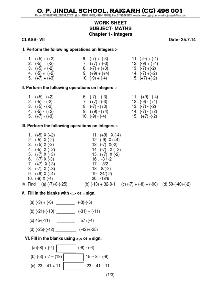 CBSE Class 7 Maths Worksheet - Integers | PDF | Nature