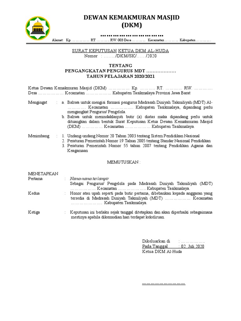 Contoh SK Kepengurus MDT | PDF