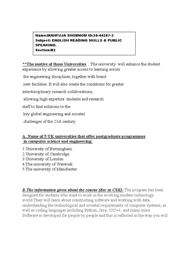 Name:MAHFUJA SHOBNOM ID:20-44267-3 Subject: English Reading Skills ...