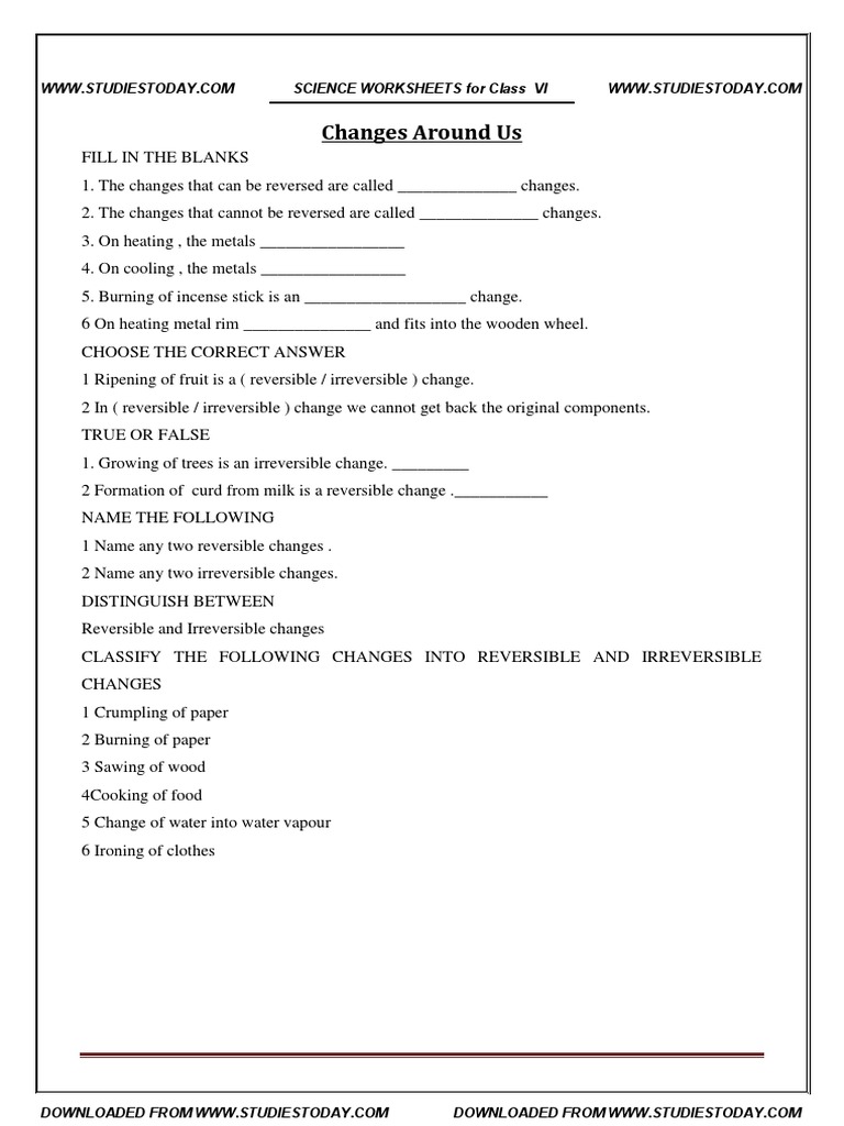 Science Worksheets for Class 6 on Reversible and Irreversible Changes ...