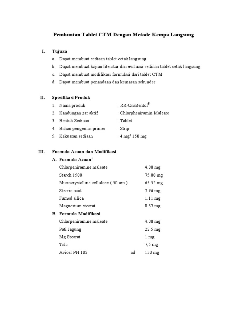 Pembuatan Tablet CTM Dengan Metode Kempa Langsung | PDF