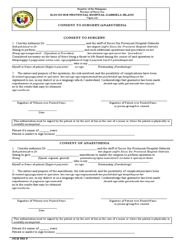 Surgery and Anesthesia Consent Form | PDF | Surgical Specialties ...