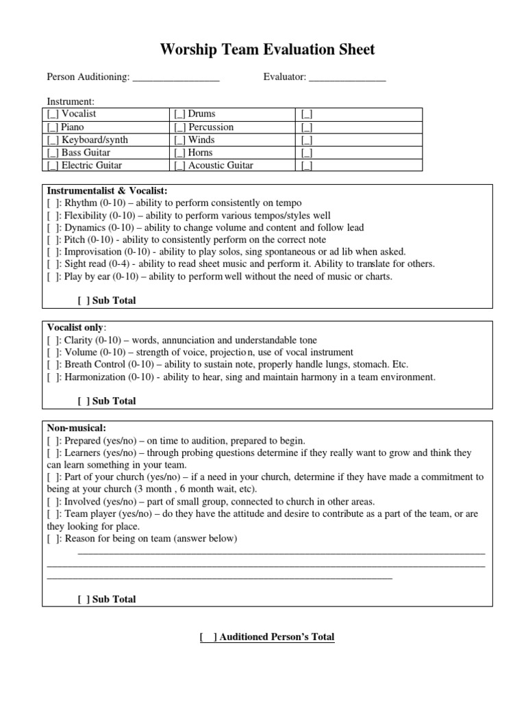Worship Team Evaluation Sheet PDF | PDF | Singing | Audition