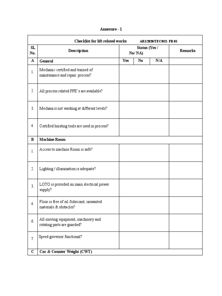 Lift Maintenance Safety Checklist | PDF