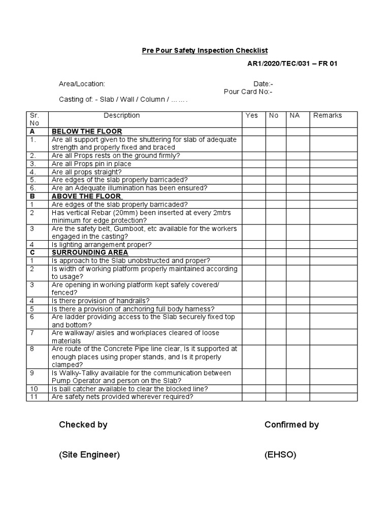 Pre Pour Safety Inspection Checklist AR1/2020/TEC/031 - FR 01 | PDF