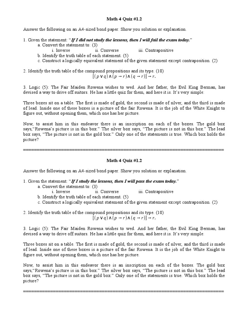 P Q) (P R) (Q R) ) R.: Math 4 Quiz #1.2 | PDF | Logical Consequence | Syntax (Logic)