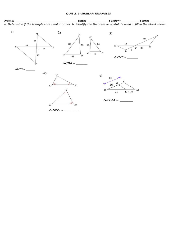 Similar Triangles Quiz 2.3 | PDF | Teaching Methods & Materials