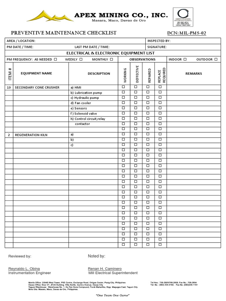 Preventive Maintenance Checklist | PDF | Electromagnetism | Machines