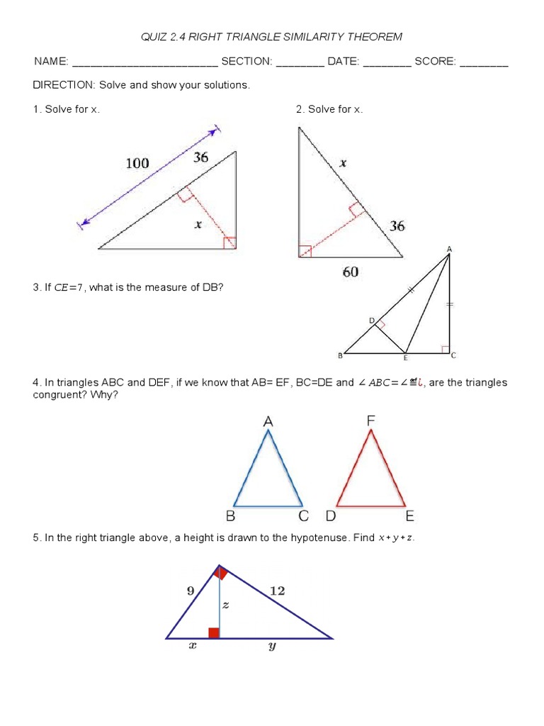 Right Triangle Similarity Quiz | PDF