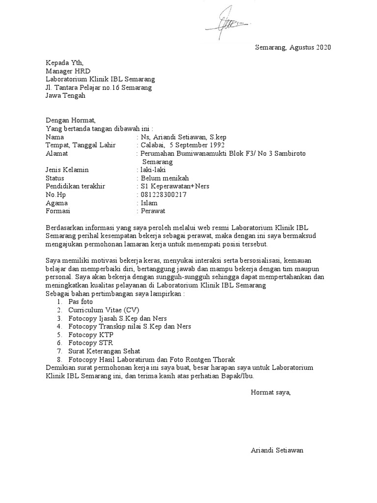 Surat Lamaran Ariandi Setiawan Ibl | PDF | Pengembangan Diri | Kesehatan Holistik