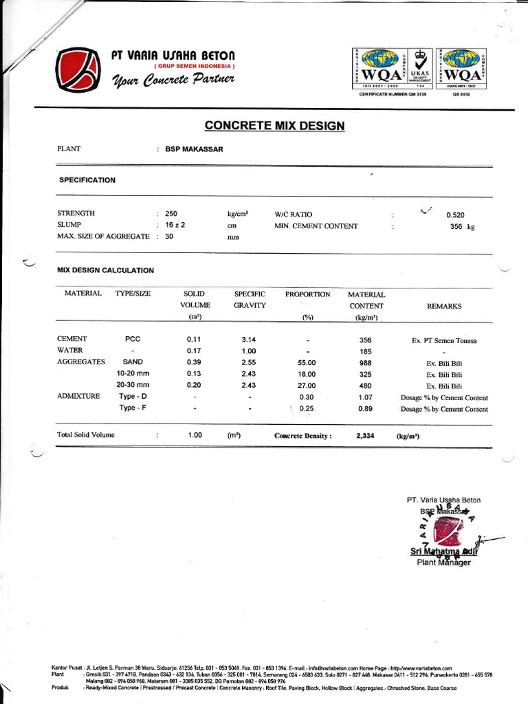 (Varia Beton) Concrete Mix Design K250 PDF | PDF | Concrete | Materials