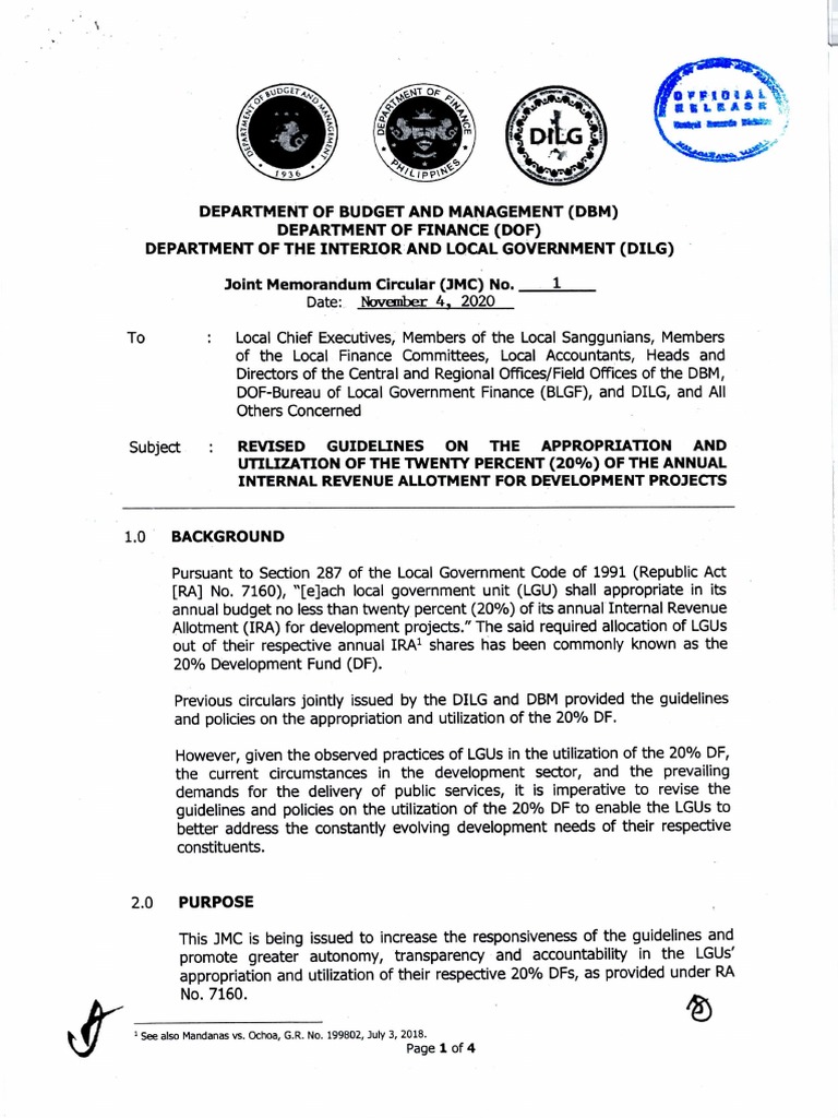 DBM Dof Dilg Joint Memorandum Circular No 1 Dated November 4 2020 PDF ...