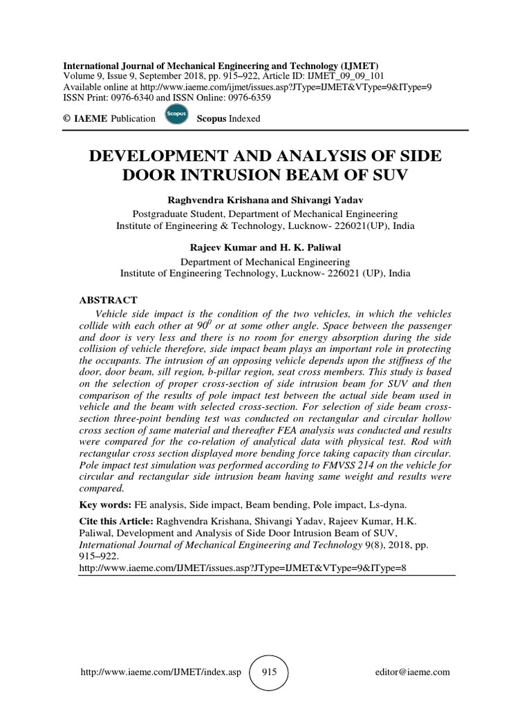 Development and Analysis of Side Door Intrusion Beam of Suv: Raghvendra ...