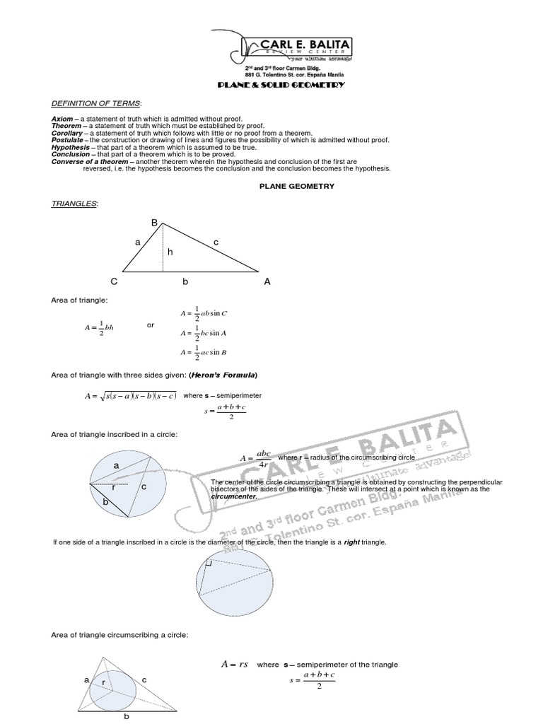 Plane Geometry Concepts and Formulas | PDF | Triangle | Polygon
