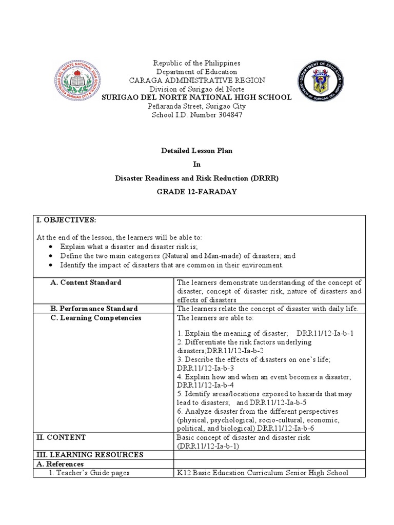 DRR Module 1 Detailed Lesson Plan | PDF | Hazards | Natural Disasters