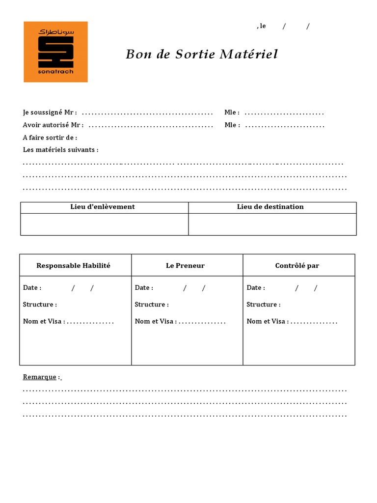 Bon de Sortie Materiel | PDF