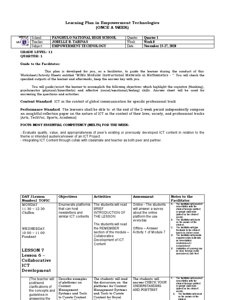 Learning Plan in Empowerment Technologies (Once A Week) : Guide To The Facilitator | PDF ...
