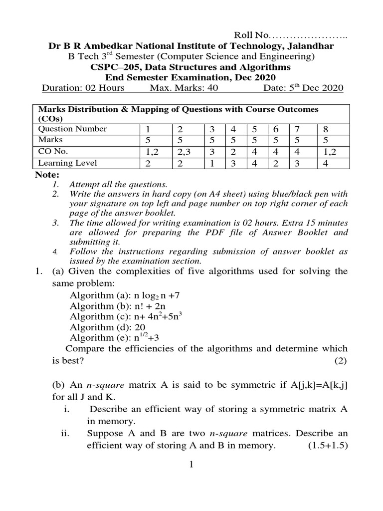 End Semester Question Paper - CSPC205 | PDF | Algorithms | Algorithms ...