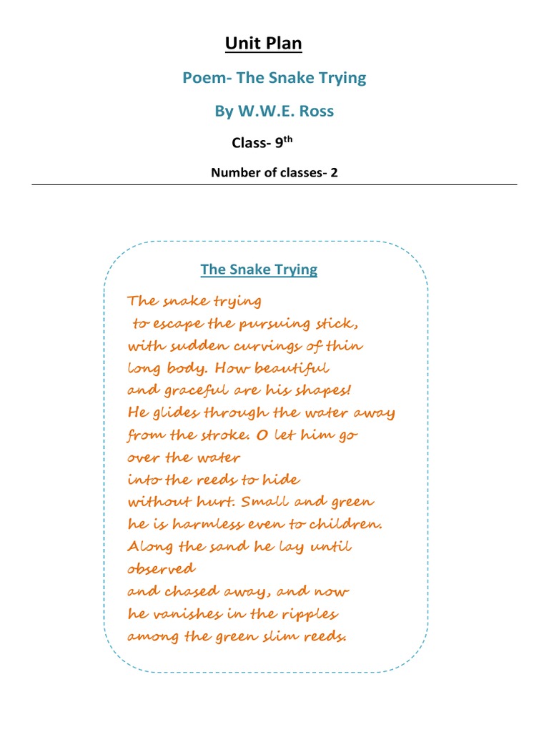 Unit Plan: Poem-The Snake Trying by W.W.E. Ross | PDF | Snake | Poetry