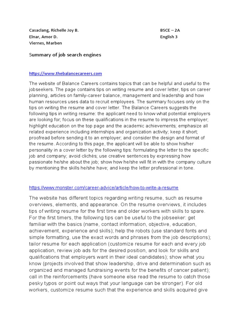 Summary of Job Search Engines: Casaclang, Richelle Joy B. Bsce - 2A ...