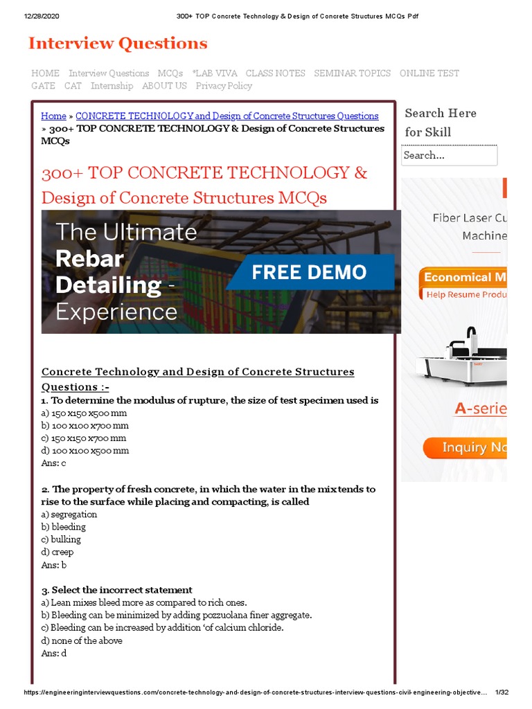 300+ TOP Concrete Technology & Design of Concrete Structures MCQs PDF ...