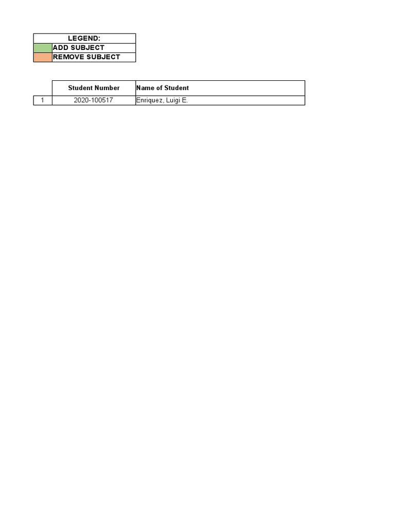 Legend: Add Subject Remove Subject: Student Number Name of Student ...