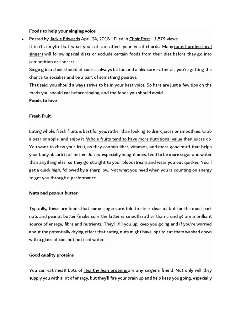 Foods To Help Your Singing Voice PRINT | PDF | Singing | Juice