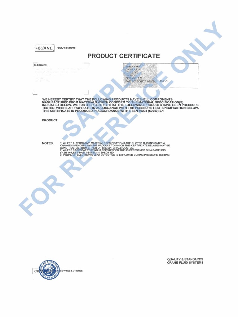 CRANE D180AT Cert Sample COC | PDF