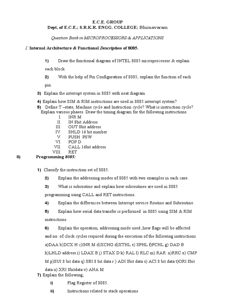 Question Bank in Microprocessors & Applications I. Internal Architecture & Functional ...