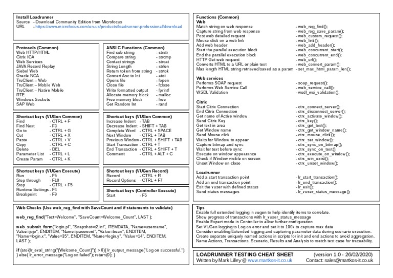 Loadrunner Testing Cheat Sheet v1.0 | PDF | Web Service | Control Key