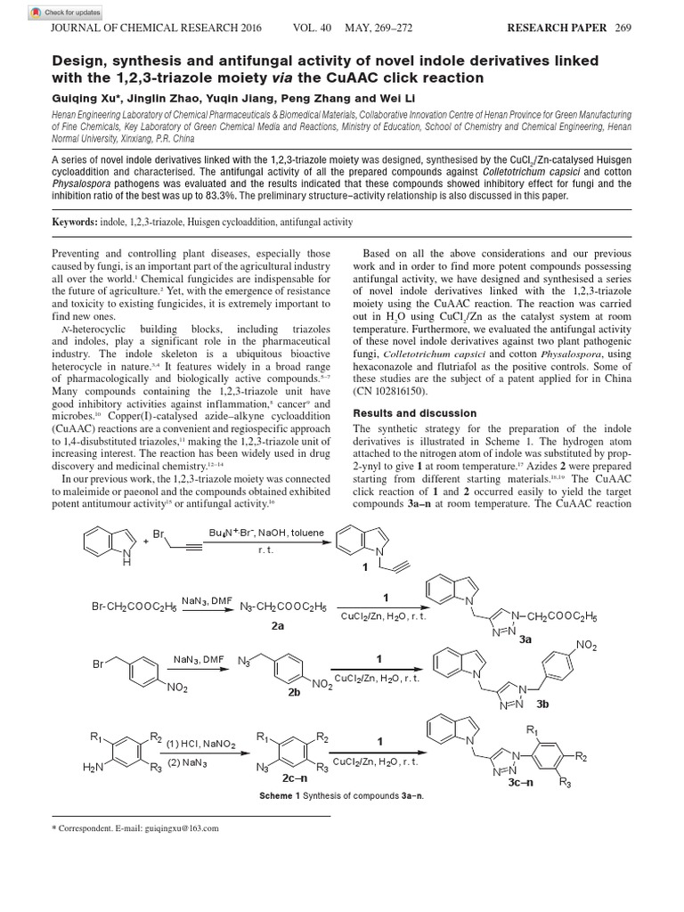 Design, Synthesis and Antifungal Activity of Novel Indole Derivatives Linked With The 1,2,3 ...