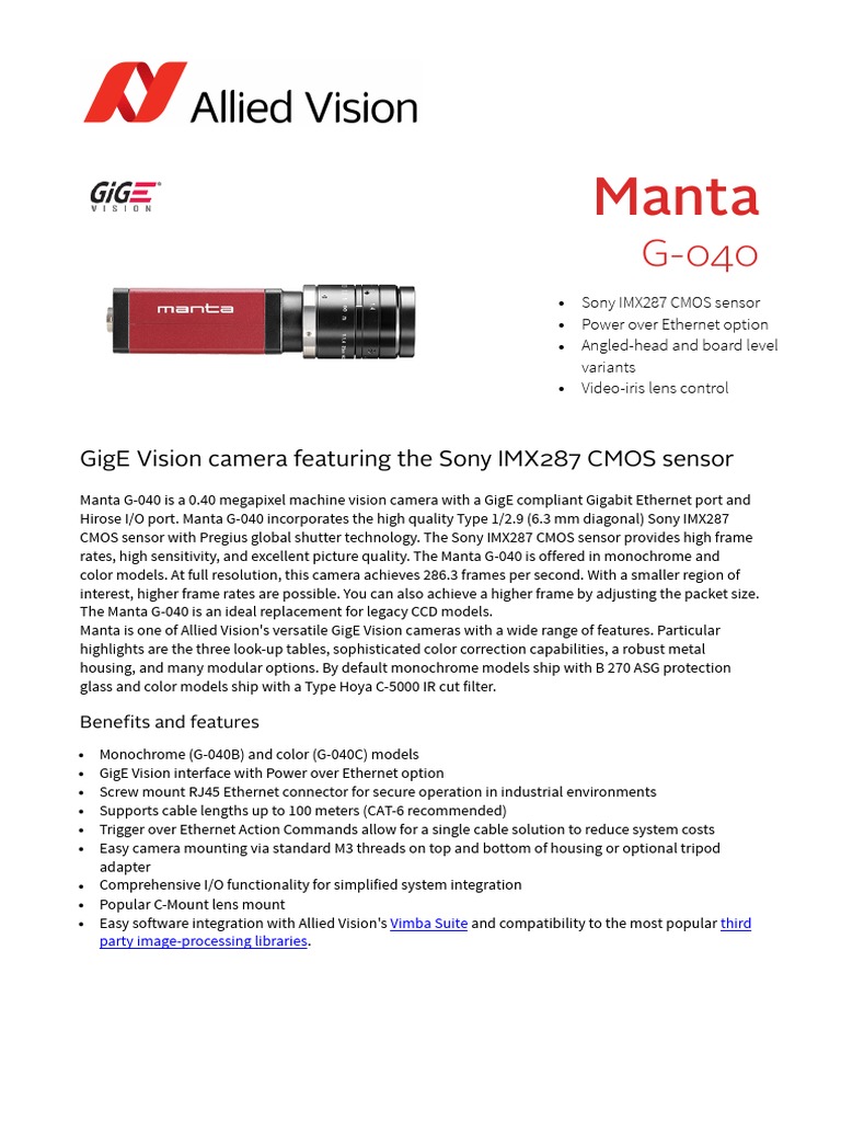 Manta G-040 DataSheet V1.3.3 en | PDF | Camera | Image Resolution