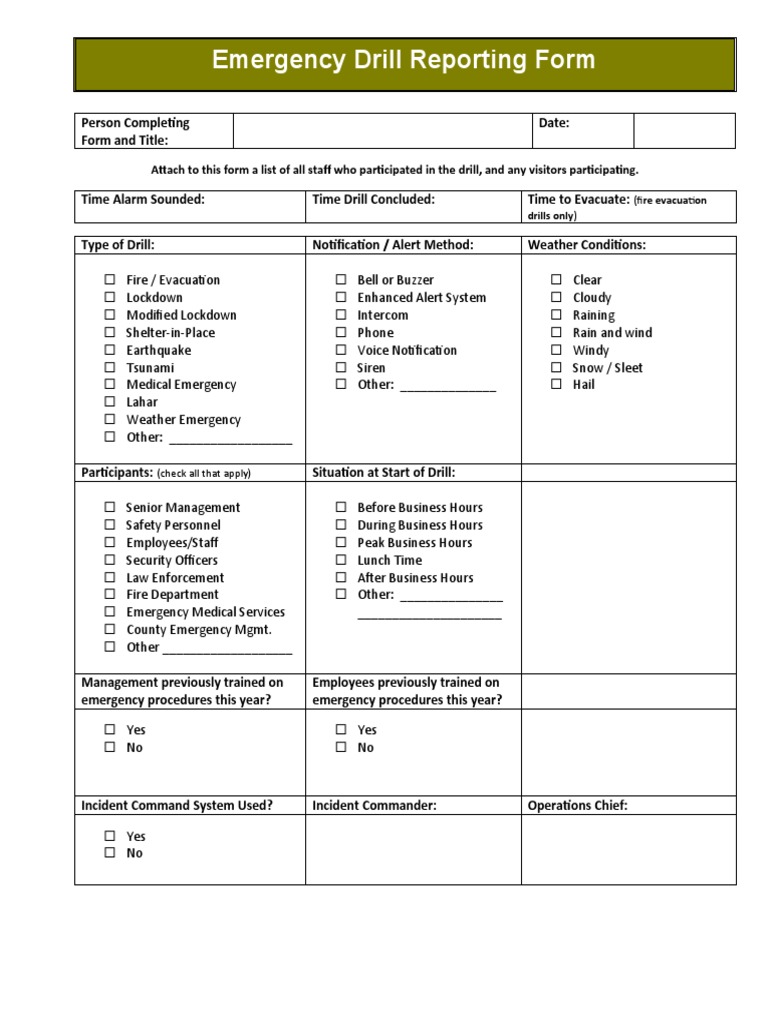 Emergency Drill Reporting Form | PDF | Emergency | Prevention
