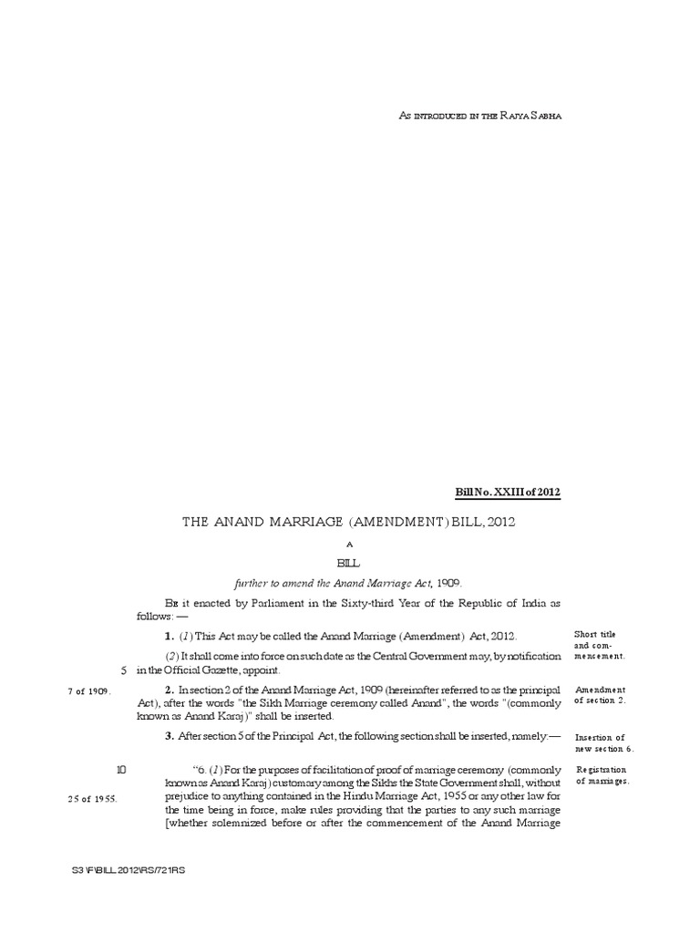 The Anand Marriage (Amendment) Bill, 2012: S Introduced IN THE Ajya ...