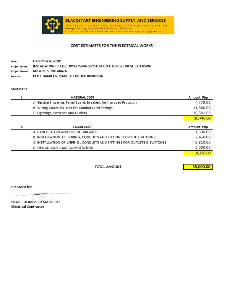 Electrical Installation Cost Estimate | PDF | Technology & Engineering
