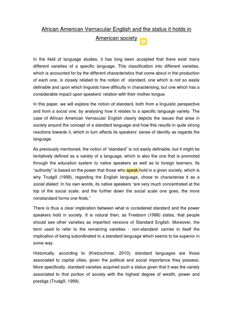 African American Vernacular English and The Status It Holds in American ...