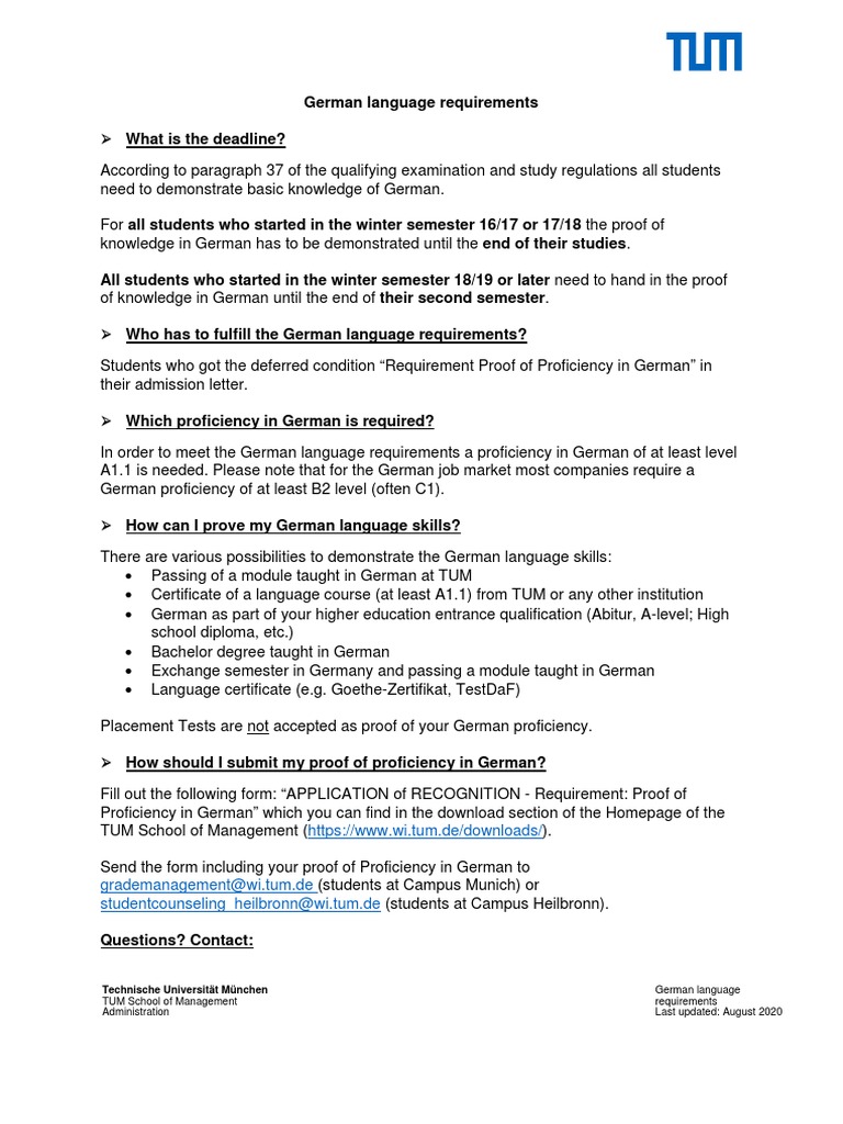 German Language Requirements: Technische Universität München | PDF ...